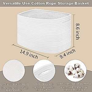 MEGASKET White Baskets for Organizing Set 3, 14.9" X 9.4" X 8.6" Cotton Rope Woven Baskets with Handles, Shelves White Wicker Storage Baskets, Baby Kids Closet Organizer Storage Bins, Cream White