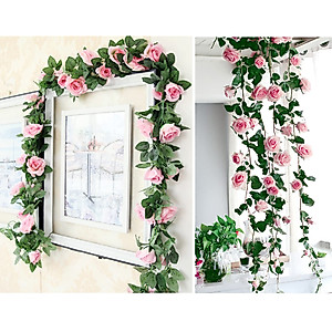 COCOBOO 2 Pack(16ft) Pink Rose Garland Artificial Flowers Garlands for Room Décor, Pink Flower Vines for Wedding Party Garden Decoration Roses Artificial Garland for Bedroom Aesthetic (Pink)