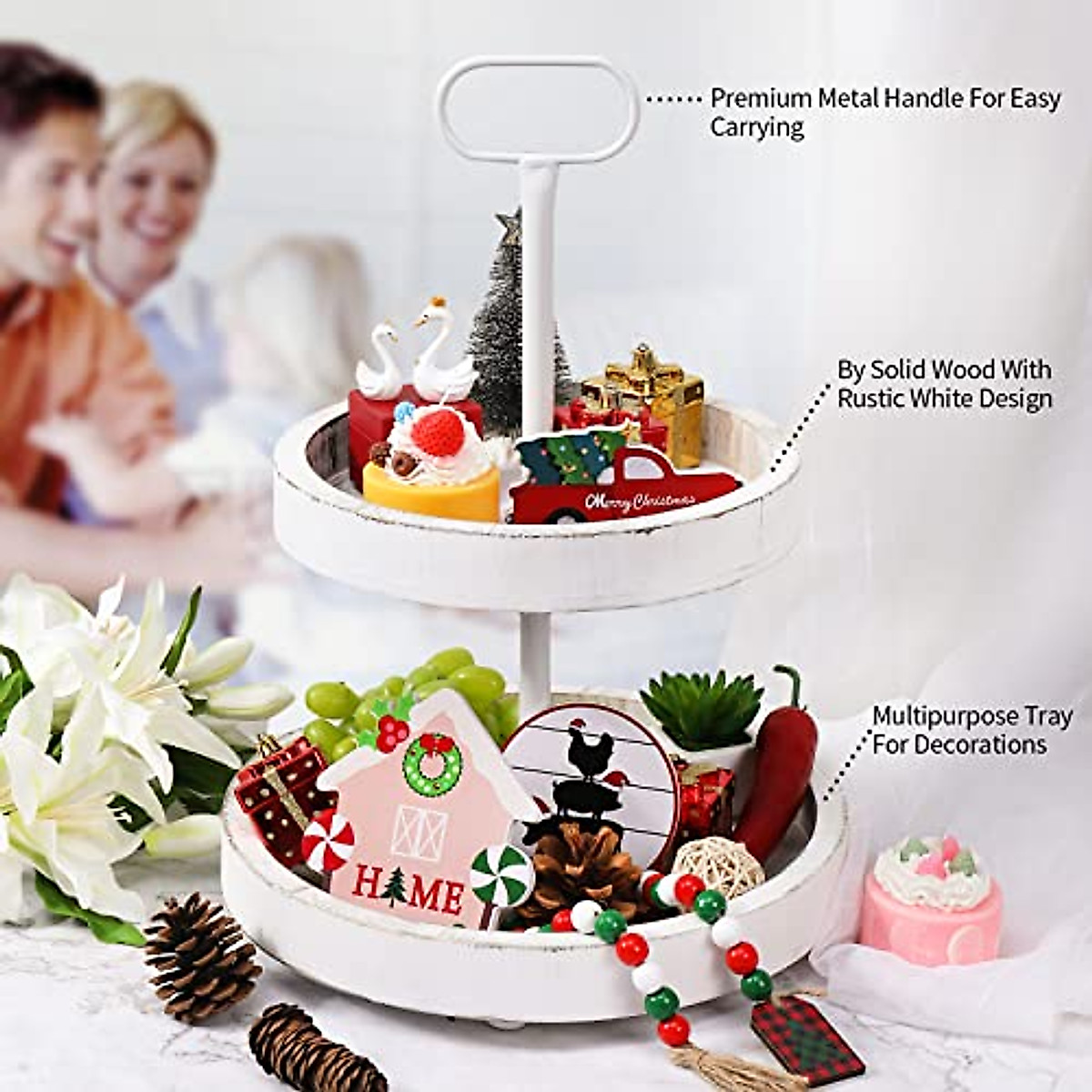 Goartgif Two Tiered Tray,White Tiered Tray,Farmhouse Tiered Tray,Rustic Wooden Tiered Tray,Distressed 2 Tier Tray,Tiered Tray Stand for Christmas Decor