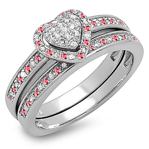 Dazzlingrock Collection Round Ruby & White Diamond Heart Shaped Wedding Ring Set in 925 Sterling Silver, Size 8.5