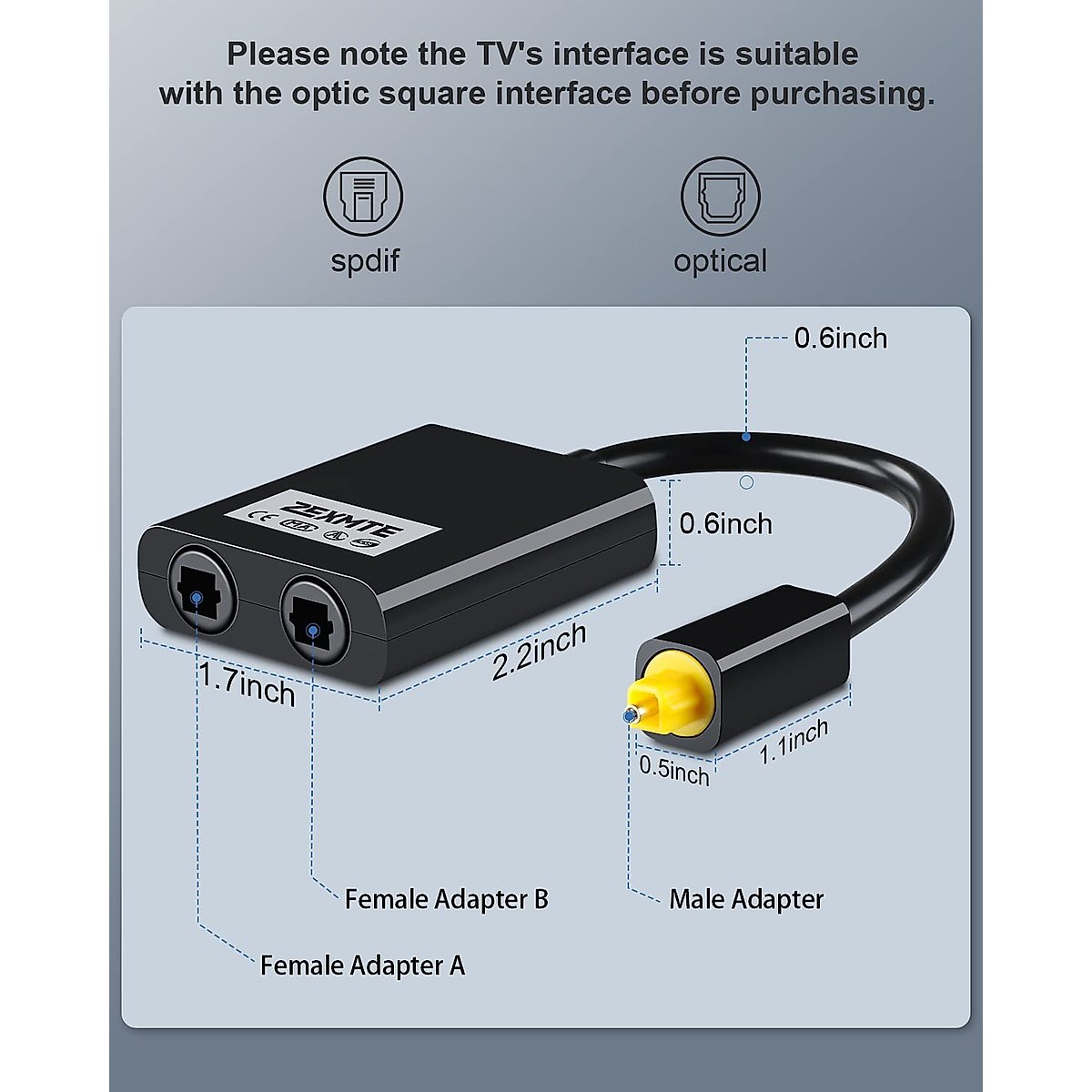 ZEXMTE 【Upgraded】 Optical Fiber Splitter 1 in 2 Out Optical Audio Splitter, Fiber Optical Splitter with 24K Gold Plated Connectors for CD Player, DVD Player, Receiver-Black