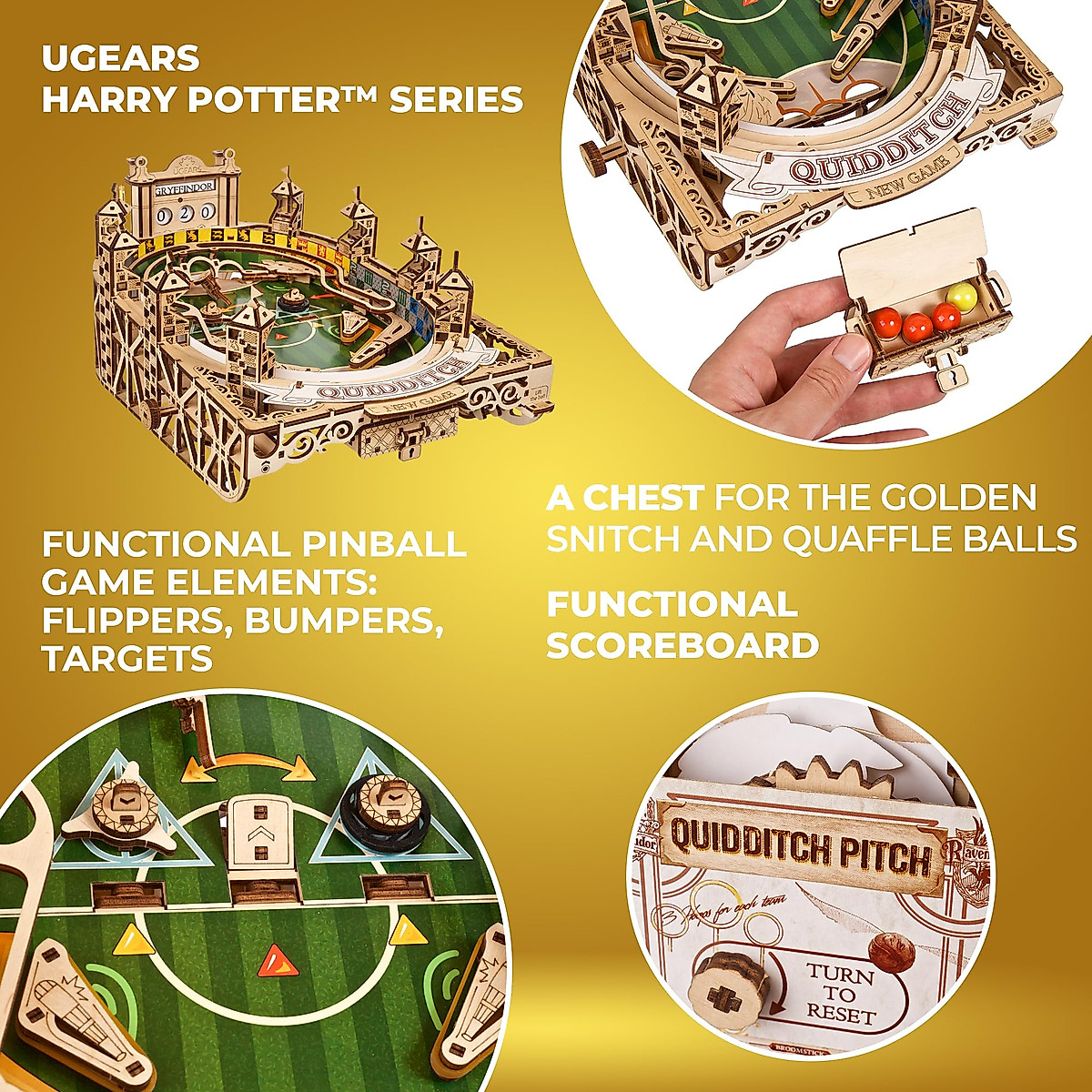 UGEARS Harry Potter Quidditch Pinball Machine - Wooden Models to Build for Adults with Engaging Gameplay - Wooden Pinball Machine Experience in 3D Puzzle Design - Ideal for Wooden Model Kits Fans