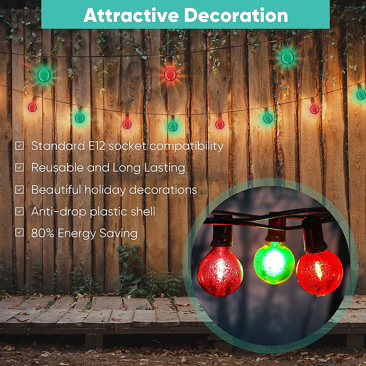 LEIFIDE 100 Pcs G40 LED Light Bulbs Replacement 1W Globe Bulbs Outdoor LED Light Bulb Fits C7 and E12 Candelabra Screw Base Sockets LED String Light Bulbs Shatterproof Bulbs, 2700k(Red, Green)