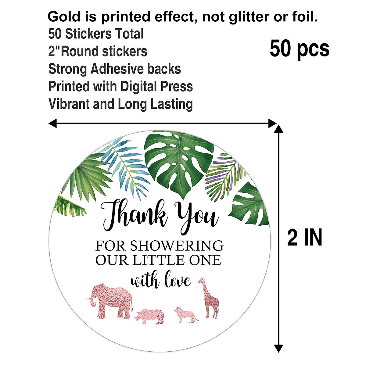50 Jungle Rose Gold Baby Shower Stickers, Thank You for Showering Our Baby with Love Stickers, Baby Shower Favors for Boy or Girl, Baby Shower Favor Labels for Birthday Party, 2 Inches