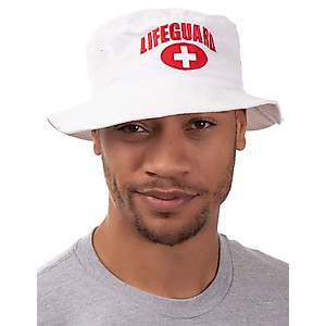 Ann Arbor T-shirt Co. Lifeguard Bucket Hat | Professional Guard Red Sun Cap Men Women Costume Uniform - White