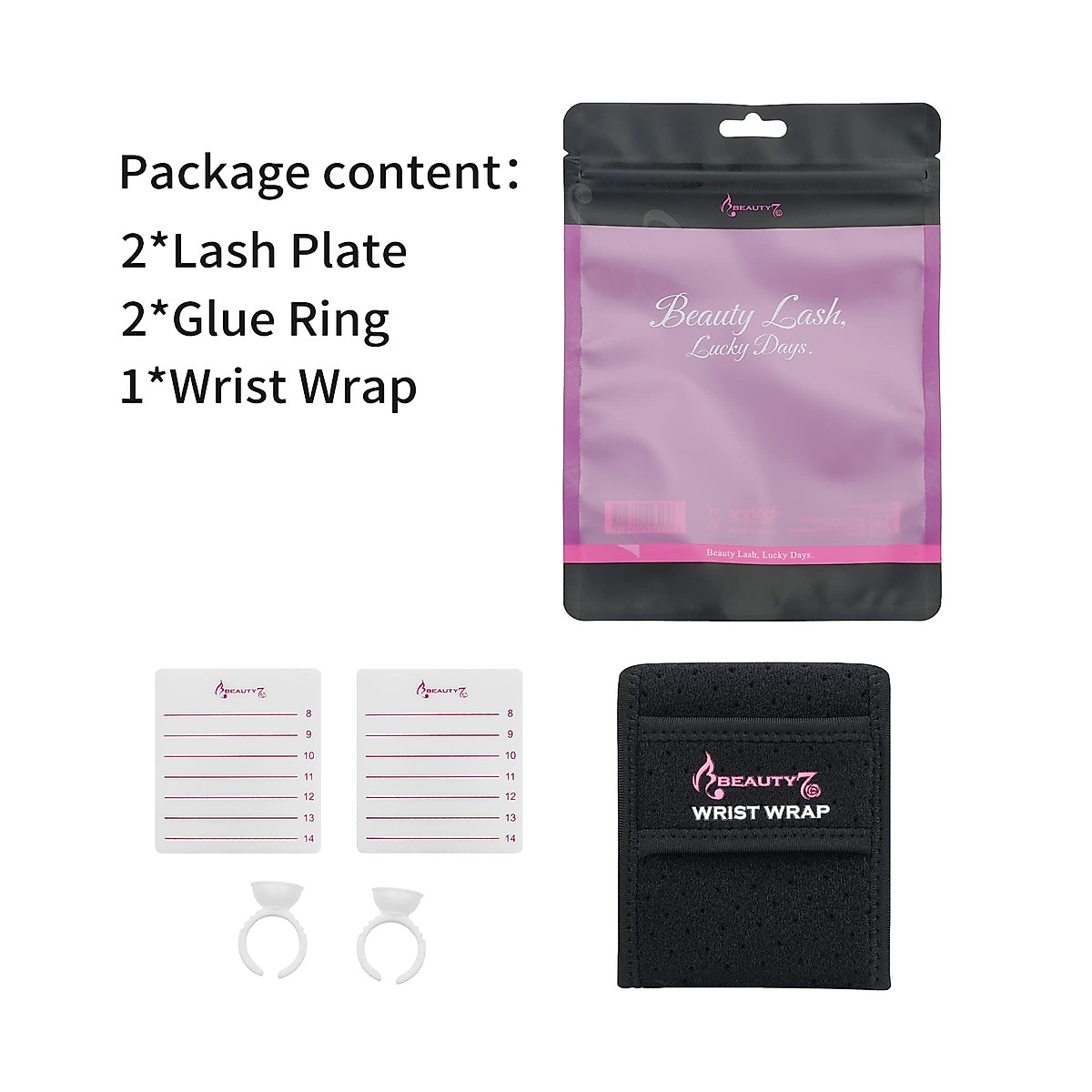 Beauty7 Eyelash Extension Holder Plate Pallet Stand Base Tray With Hand Wrist Wrap Tool Strip Glue Ring Kit For Professional Individual False Lashes (Wrist Wrap,Glue Ring,2x Pallet,3M Loop Tape)