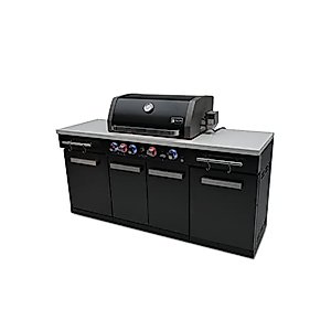Mont Alpi MA-957 5-Burner 63000 BTU Black Stainless Steel Outdoor Kitchen Bar Gas Island Grill w/ Infrared Rear Burner + Rotisserie Kit + Granite Countertop + Storage Cabinets & Full Weather Cover