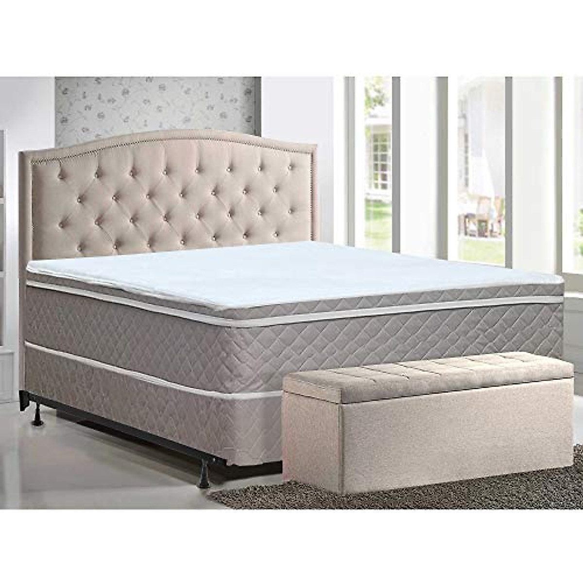 Mattress Comfort Medium Plush Eurotop Pillowtop Innerspring Mattress And 8" Metal Boxspring/Foundation Set, With Frame, Queen Size, off-white
