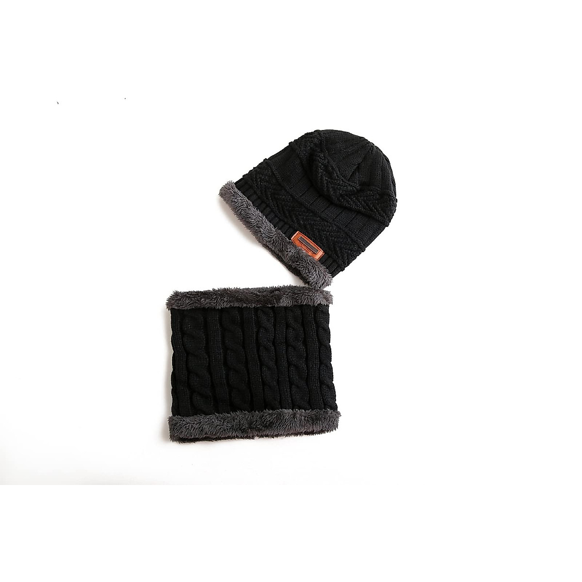 Kids Winter Warm Hat Circle Scarf 2Pcs Soft Warm Fleece Lining Beanie Slouchy Skull Cap for Boys Girls 5-14 Years Black