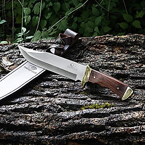 Mossy Oak 14-inch Bowie Knife, Full-tang Fixed Blade, Wood Handle Hunting Knife with Leather Sheath for Camping, Hiking, Survival