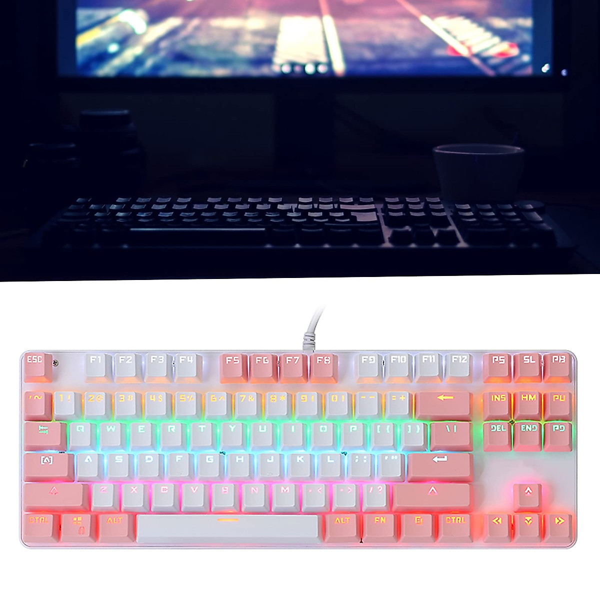 ASHATA Mechanical Keyboard 87 Keys, Cute USB Gaming Keyboard, Small Backlight Keyboard, Blue Switch Mixed Light Mechanical Keyboard for PC Laptop Desktop (Pink White)