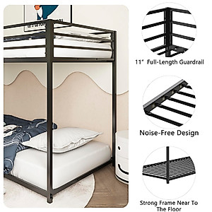 HXERY Bunk Bed Twin Over Twin, 54" Inch Metal Floor Bunk Bed with 11" Guardrails and Convertible Side Ladder. Black