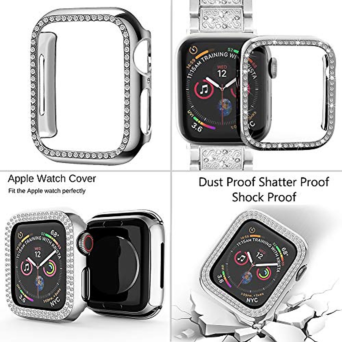 Mosonio Compatible with Apple Watch Band Series 9/8/7 45mm with Case Women, Jewelry Replacement Metal Wristband Strap with 2 Pack Bling PC Protective Cover for iWatch 45mm Series 9/8/7(Silver)