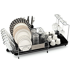 Giantex Stainless Steel Dish Rack, Expandable Dish Drainer Rack with Cutlery Cup Glass Holder, Removable Drip Tray, 360-Degree Swiveling Spout, Rust Proof Dish Dryer Rack for Kitchen Counter