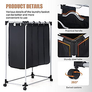 Laundry Sorter,Rolling Laundry Hamper 4-Bag Laundry Sorter Cart with Wheels 4 Removable Bags for Clothes Storage Lightweight Black