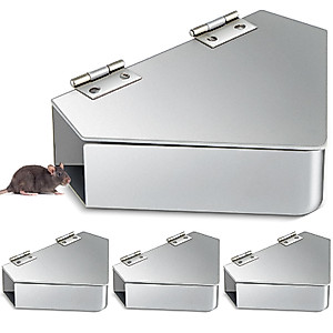 Qualirey 4 Pcs Mouse Station Carbon Steel Mice Bait Station Waterproof Mice Stations Outdoor Metal Mice Trap Bait Box, Keeps Children and Pets Safe Indoor & Outdoor, Bait Not Included, Silver