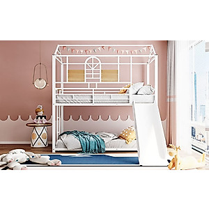 Tidyard Twin Over Twin Metal Bunk Bed,Metal Housebed with Slide,Three Colors Available.(White with White Slide) for Bedroom Dorm Guest Room Home Furniture