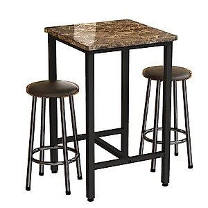 AWQM 3 Piece Dining Table Set Bar Table and Chairs Set for 2 Faux Marble Kitchen Counter Height Dining Table Set with 2 Padded Stools 3-Piece Modern Pub Table Set, Marble Brown, 23.6"