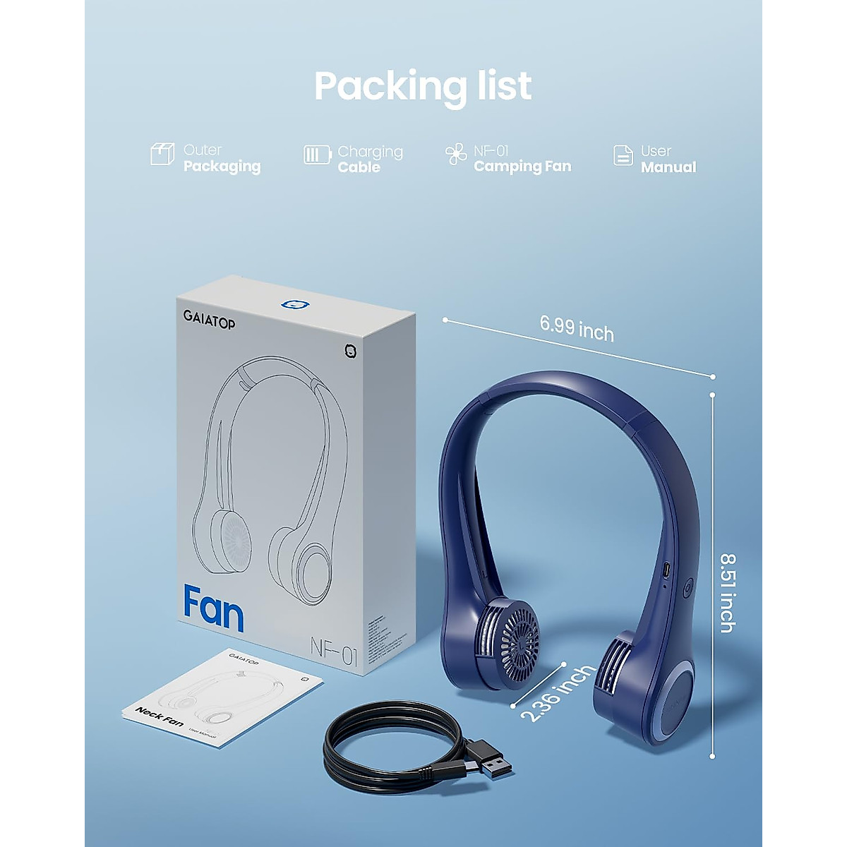 Gaiatop Portable Neck Fan, 4000mAh Rechargeable Hands Free Bladeless Mini Fans, 3 Speeds Air Outlet Can Rotate 70°, Free Adjustment Personal Wearable Cooling Fan Suitable for Travel Office Blue