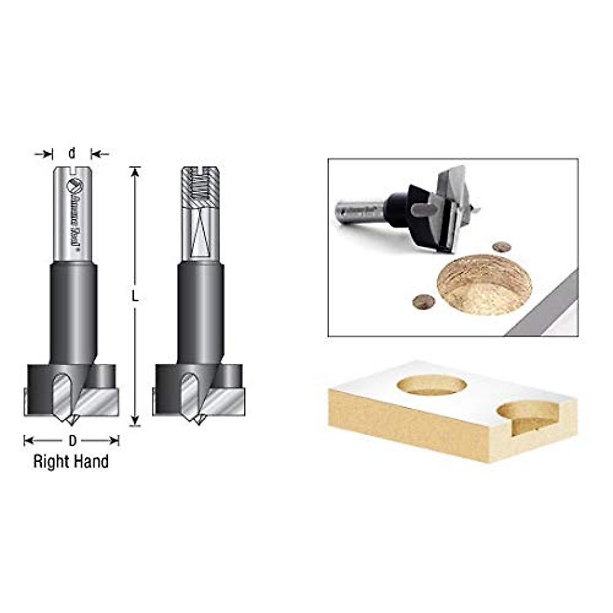 Amana Tool 203351 Carbide Tipped Hinge Boring Drill Bit 35mm Dia x 57mm Long x 10mm Right Hand