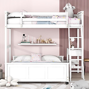 SOFTSEA L-Shaped Loft Bunk Bed with Small Desk 2 Beds in One Solid Wood Bunk Beds with 4 Wheels
