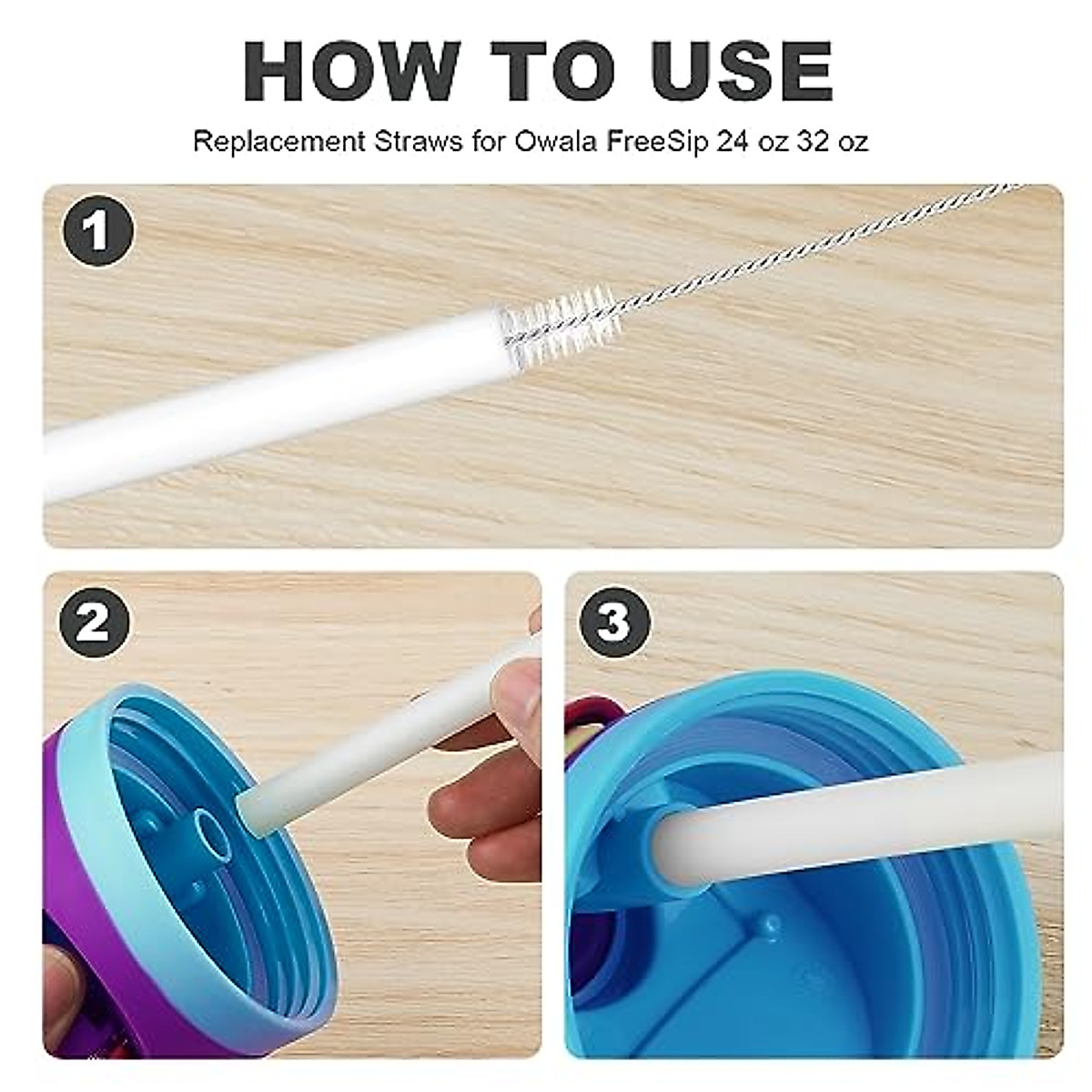 2pcs Replacement Stopper Compatible with Owala FreeSip 24oz 32oz, with 4pcs Straws & 1pcs Straw Cleaning Brush, Water Bottle Top Lid Replacement Parts Bottle Cap Seal Gasket Spill Proof Accessories