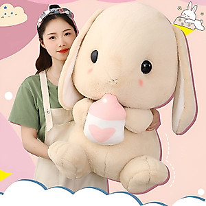HOUPU Soft Toy - Sitting Lop Eared Rabbit, Easter White Rabbit Stuffed Bunny Animal with Carrot Soft Lovely Realistic Long-Eared Standing Pink Plush Toys (Brown-Milk Bottle,8.6in/22cm)