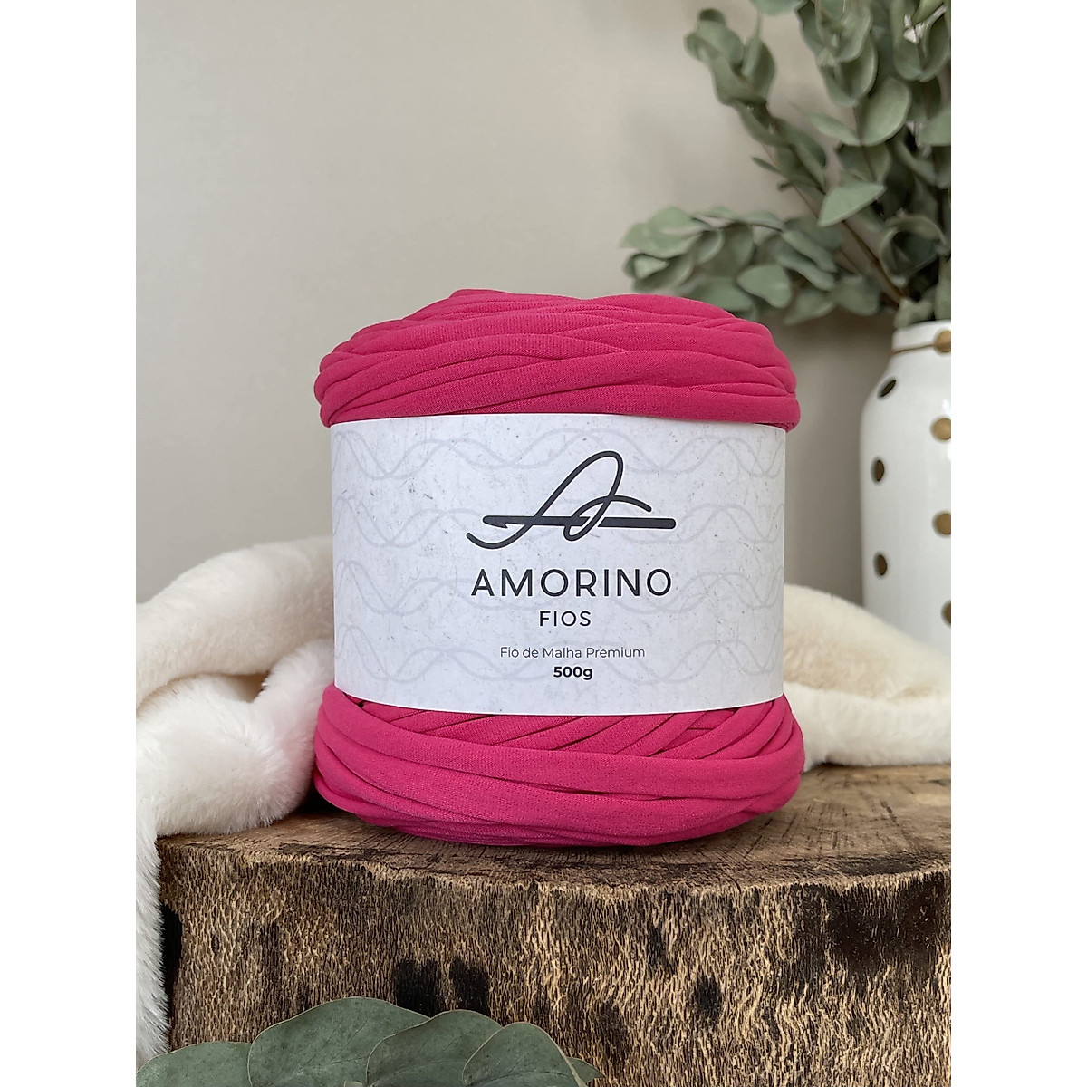 AMORINO FIOS t Shirt Yarn Premium - Crochet & Knitting, Easy Crocheting for Beginners, Thick 3,6cm, Tshirt Yarn for Crafts, Polyester Yarn, knotless, Macrame t-Shirt Yarn (Pink).