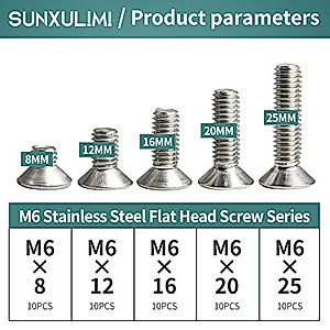 M6 x 8mm 12mm 16mm 20mm 25mm Flat Head Hex Socket Cap Screws Countersunk Bolts, 304 Stainless Steel, Fully Threaded, Bright Finish, Metric Allen Hex Drive, Assortment Kit 50PCS
