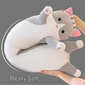 Giant Cat Pillow Plush Cartoon Kitty Sleeping Hugging Pillow, Cuddly Soft Long Kitten Body Pillow Doll Cat Cushion Toy for Kids Girlfriend (Gray, 70cm/27.55inch)