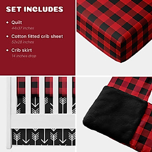 JLIKA Crib Bedding Sets for Boys - 3 Piece Woodland Set for Baby boy Rustic Nursery Decor | Quilt Blanket, Crib Sheet, Skirt - Deer Antler, Arrow Buffalo Plaid (Woodland Deer) (Red Buffalo Plaid)