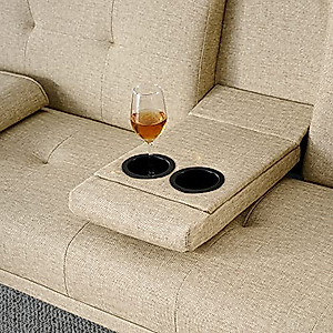 67" Leather Multifunctional Double Convertible Folding Futon Sofa Bed, Adjustable Couch Sleeper Modern for Office with 2 Cupholders, Removable Armrests (Beige)