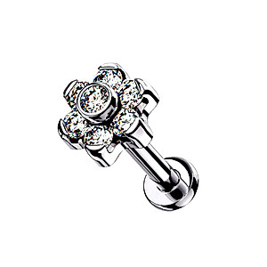 Dynamique Implant Grade Titanium Threadless Push In Labret, Flat Back Studs With CZ Set Flower Top For Cartilage, Monroe And Nose (Sold Per Piece)
