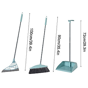 Long Handle Broom and Dustpan Set with 39.5" Squeegee Broom, Upright Standing Lobby Broom and Dust Pan and Rubber Broom, Indoor Broom with Dustpan Set for Home Kitchen Room Office Floor