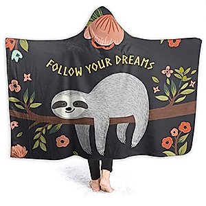 JASMODER Cute Sloth On The Tree Hoodie Blanket Wearable Throw Blankets for Couch Blanket Hooded for Baby Kids Men Women