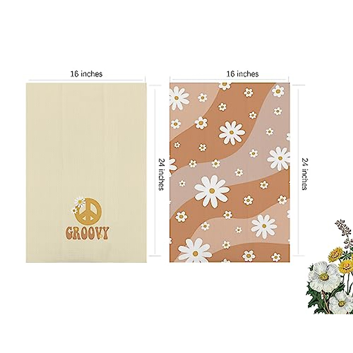 Groovy Retro 70s Hippie Boho Daisy Floral Peace Sign Kitchen Towels Set of 2,Cotton Modern 24 X 16 Inches Dish Towels Dishcloths,Dish Cloth Flour Sack Hand Towel for Farmhouse Kitchen Decor