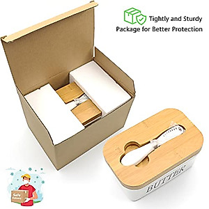 Lovelyduo Large Butter Dish with Lid for Countertop Ceramics Butter Keeper Container with Knife High-quality Double Silicone for Kitchen, Farmhouse, Fridge, Gift Rectangle White