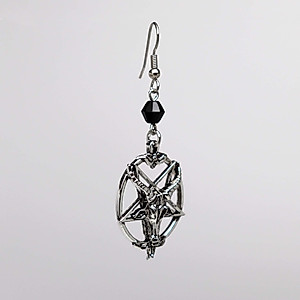 Baphomet Satanic Goat Head Inverted Pentagram Silver Finish Dangle Earrings