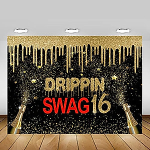 Mocsicka Drippin Swag 16 Birthday Backdrop Gold Black Hip Hop Birthday Party Decoration Teenager Boy Man Swag Birthday Background (7x5ft (82x60 inch))
