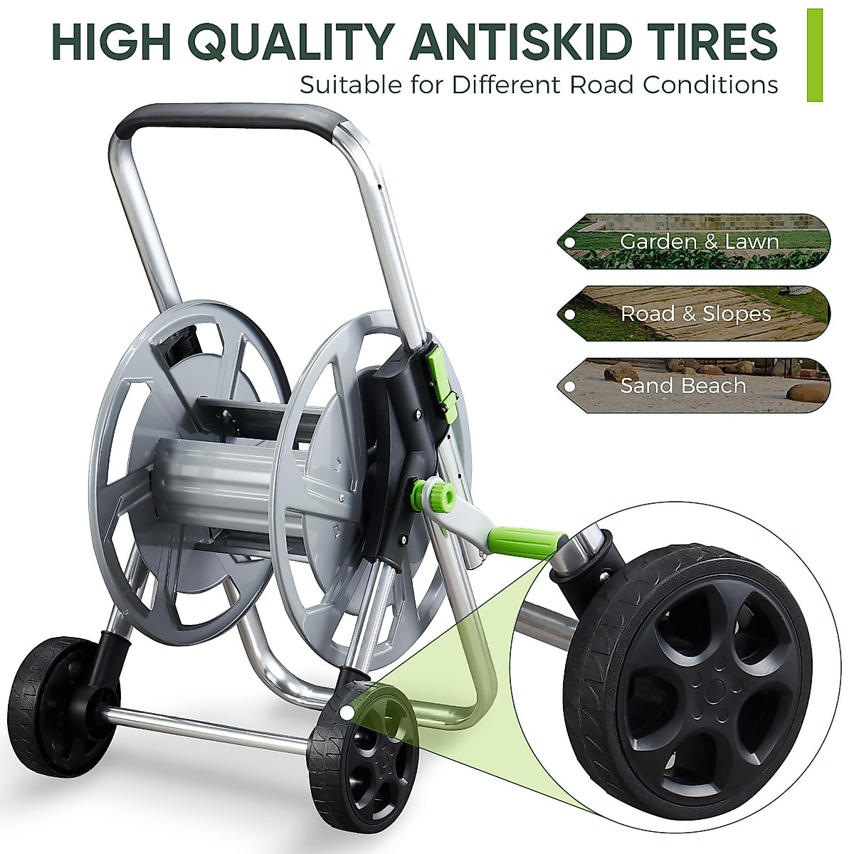 YESTAR Garden Hose Reel Cart Portable Hose Cart Hold 130 FT Hose Of 5/8 IN Heavy Duty Powder-coated Metal Water Hose Holder with Wheels For Outside Yard Lawn