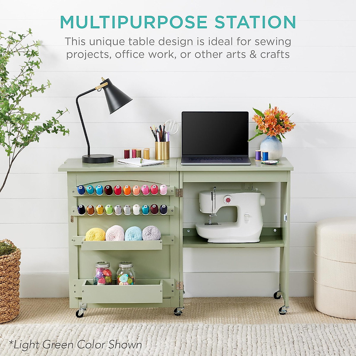 Best Choice Products Folding Sewing Table Multipurpose Craft Station & Side Desk with Compact Design, Wheels, Shelves, Bins, Pegs, Magnetic Doors, Metal Doorknobs - White