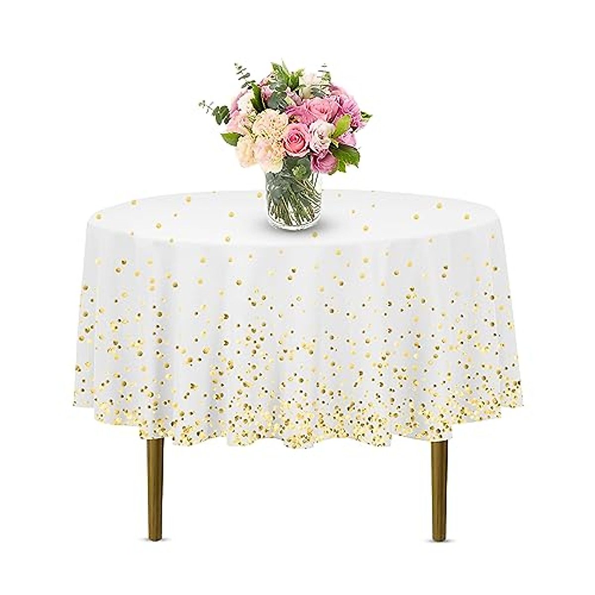 NORZEE 12-Pack White Disposable Plastic Tablecloths, 84" Plastic Table Cloth, Round Table Cover Gold CONFETY (12, White Gold)