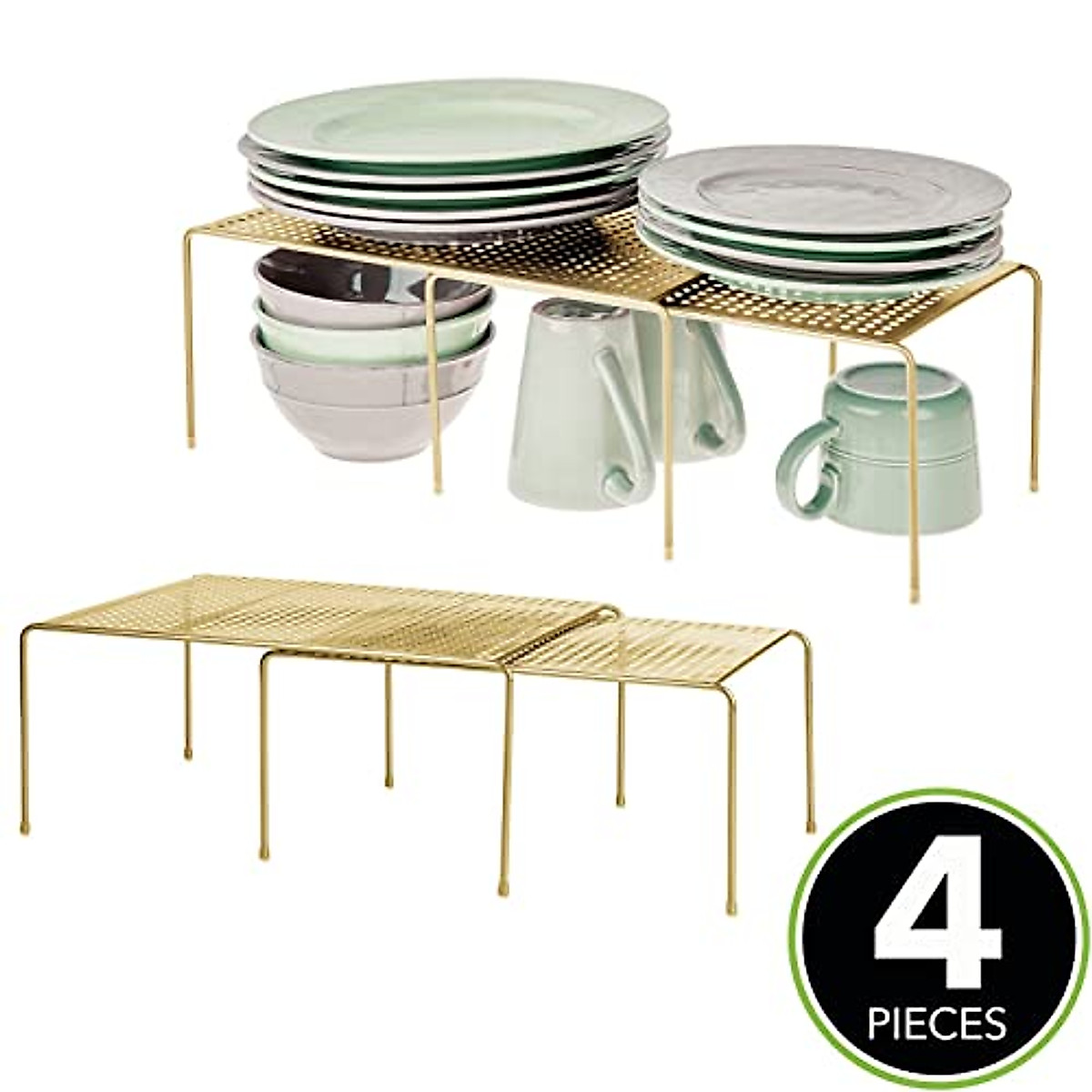 mDesign Adjustable Raised Metal 4-Piece Kitchen Stacking Organizer, Expanding Storage Rack - Cupboard, Pantry Shelf, Non-Skid Feet, Hold Dishes, Bowls, Mugs, Concerto Collection, 2 Pack, Soft Brass