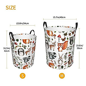 Woodland Animals Watercolor Bear Deer Squirrel Owl Mushroom Laundry Hamper With Handle Foldable Durable Laundry Basket Storage Bin Dirty Clothes Organizer Bag For Bedroom Bathroom Nursery