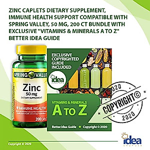 Zinc Caplets Dietary Supplement, Immune Health Support Compatible with Spring Valley, 50 mg, 200 Ct Bundle with Exclusive "Vitamins & Minerals A to Z" - Better Idea Guide (2 Items)