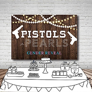 MEHOFOND Pistols or Pearls Gender Reveal Baby Shower Party Photo Background Props Rustic Wood Glitter Lights Pearls Boy or Girl Baby Shower Decoration Backdrops Banner for Dessert Table Supplies 7x5ft