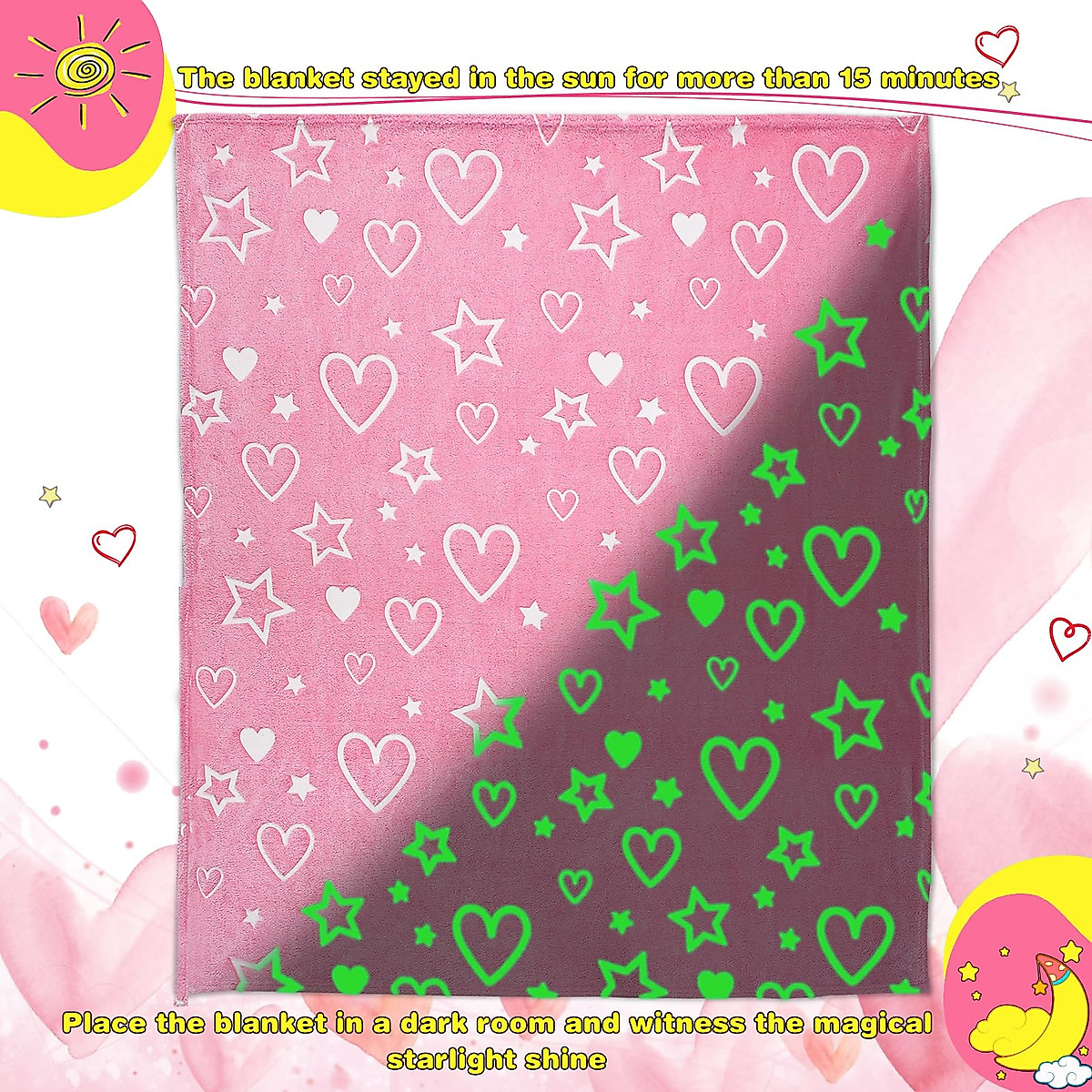Cloele Glow in The Dark Heart Stars Blanket,Pink Throw Blanket Birthday Gift for 2 3 4 5 6 7 8 9 10 Year Old Kids Girls - Heart Flannel Throw Blanket Glowing Luminous Birthday Valentines Gifts,50"x60"