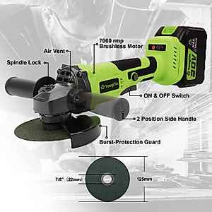 Yougfin Angle Grinder 5 inch, 20V Max Brushless Cordless 7000RPM Grinding Power Tool, 2 Handle Position, Safety Guard, Cutting Wheels, Flap Discs for Metal Cutting & Wood Carving