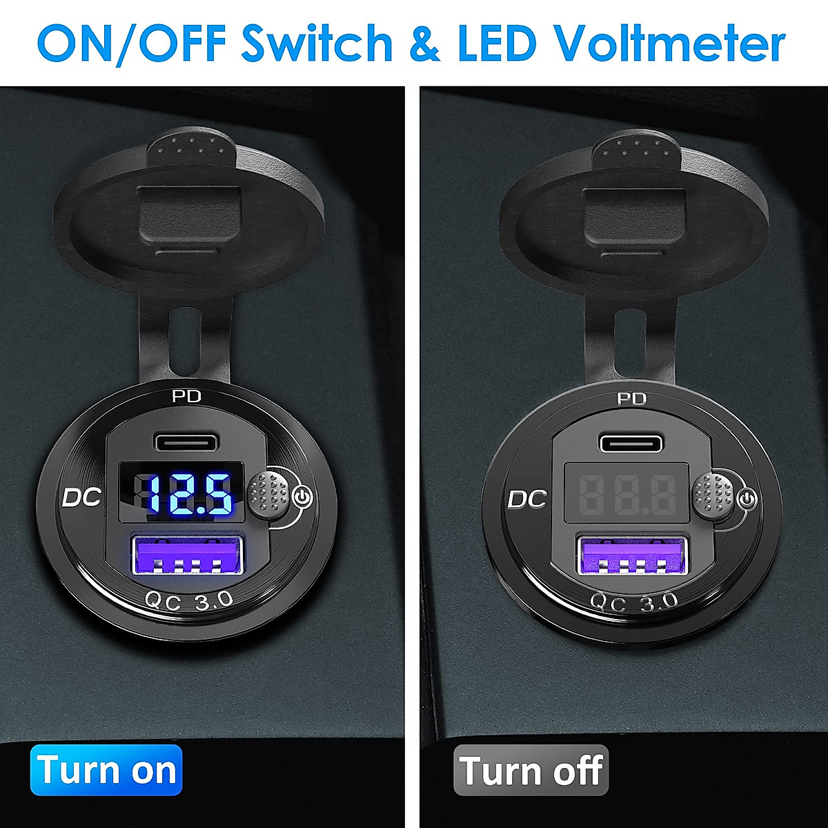 [Upgraded Version] 12V USB Outlet 2 Pack, OUFFUN PD 20W USB-C and 18W QC3.0 USB Port Aluminum USB C 12V Charger Socket with Power Switch Voltmeter for Car Boat Marine Bus Truck Golf Cart RV Motorcycle