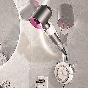 JARPSIRY 360° Adjustable Hands Free Hair Dryer Holder, Wall Mounted Blow Dryer Stand Rack with Cable Hanger, Flexible Lazy Hair Dryer Holder Bathroom Organizer